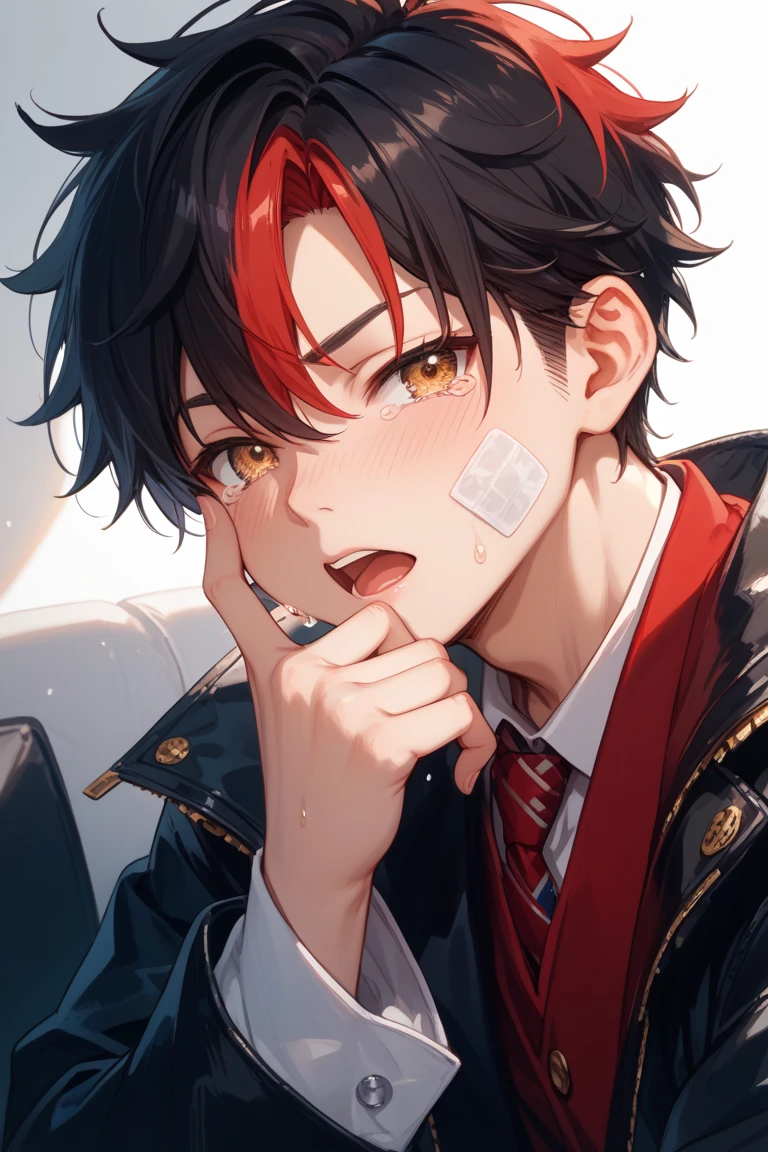 Boy character with white and black two-tone hair and golden eyes ...