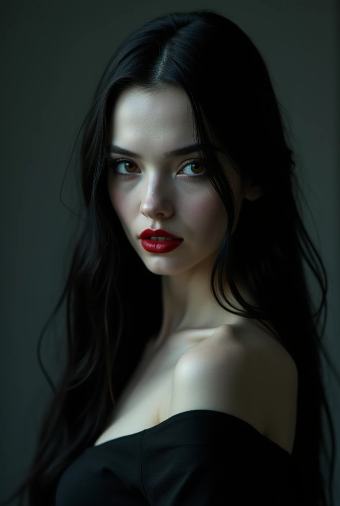 A white-skinned woman with very long straight black hair, mysterious ...