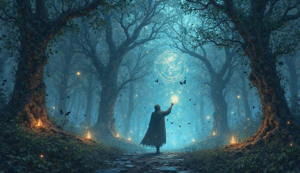 An enchanted forest at night with glowing symbols carved into trees ...