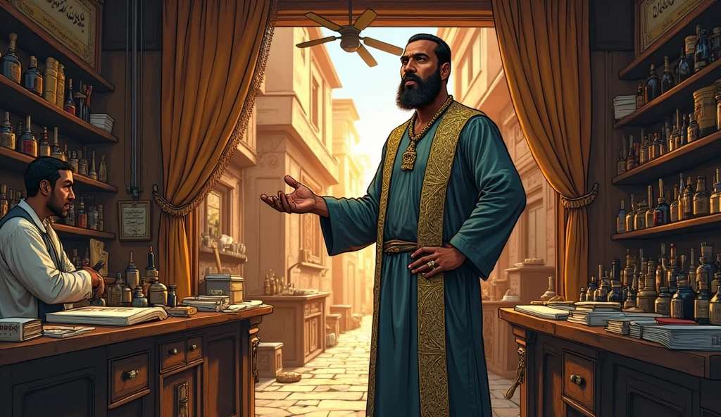 In graphic novel style illustration of Kasim stands with one hand on ...