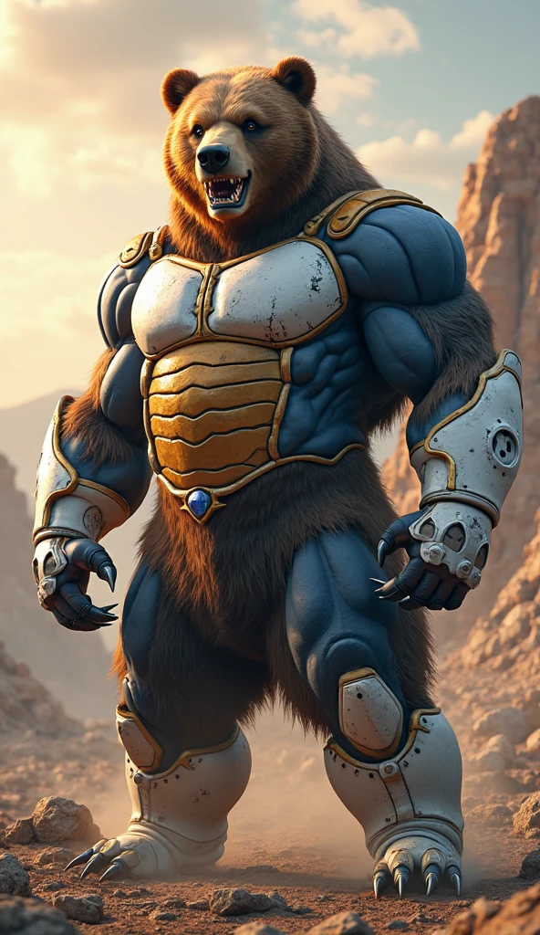 A realistic grizzly bear standing upright, with a powerful, muscular ...