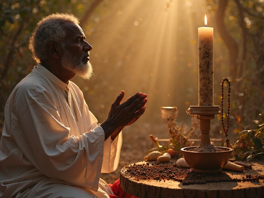 A sacred spiritual altar at dawn, where a white candle coated with ...