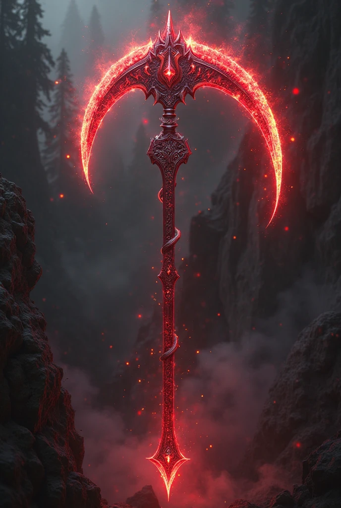 A luxurious, crimson red, mythical scythe. With its blade curve - SeaArt AI