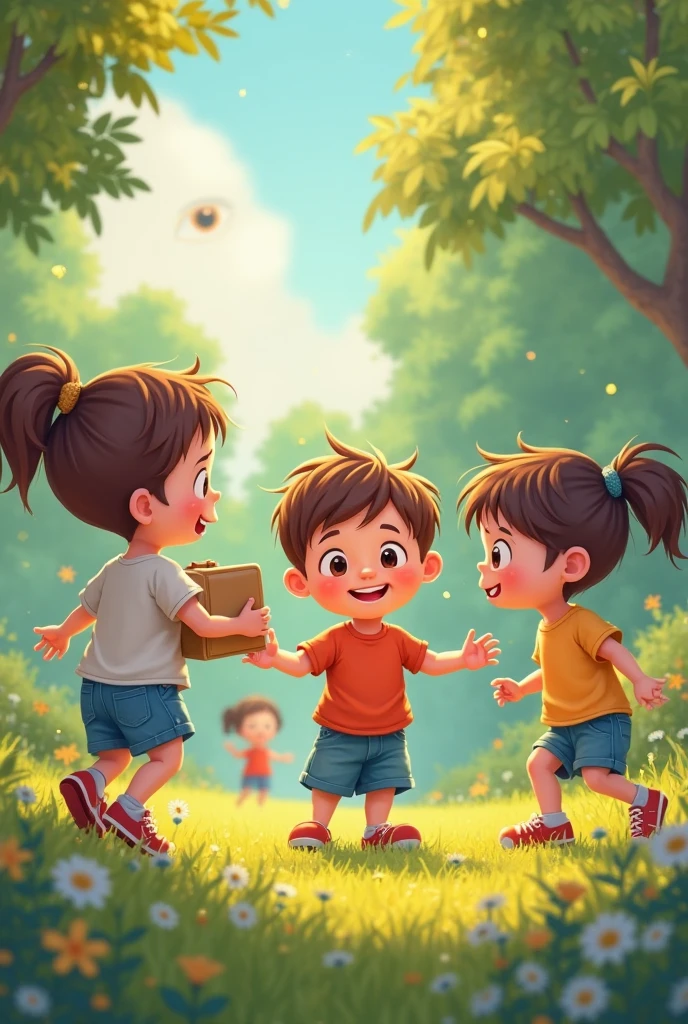 A young boy playing with friends, glancing toward his mother standing ...