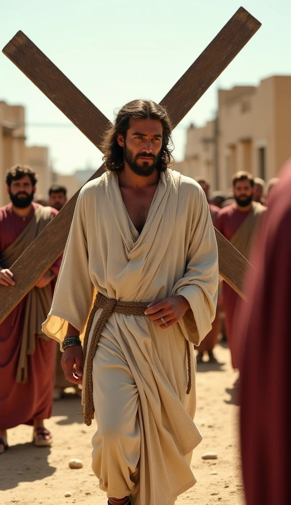 Cinematic image of Jesus in a white robe carrying his wooden cross ...