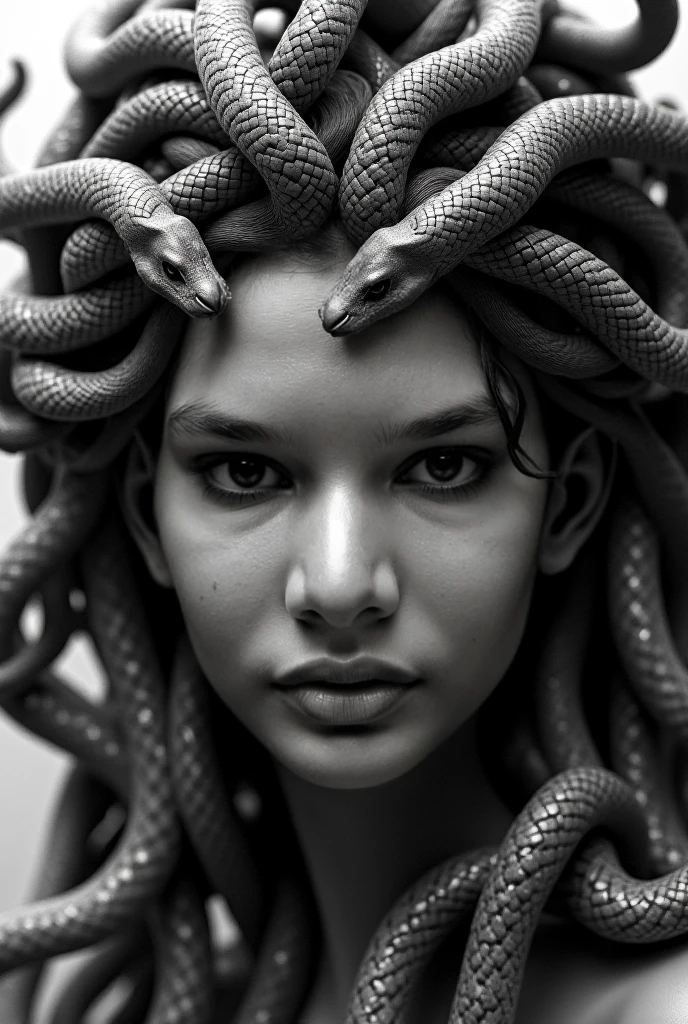 Realistic three-quarter black and white face of the goddess Medusa ...
