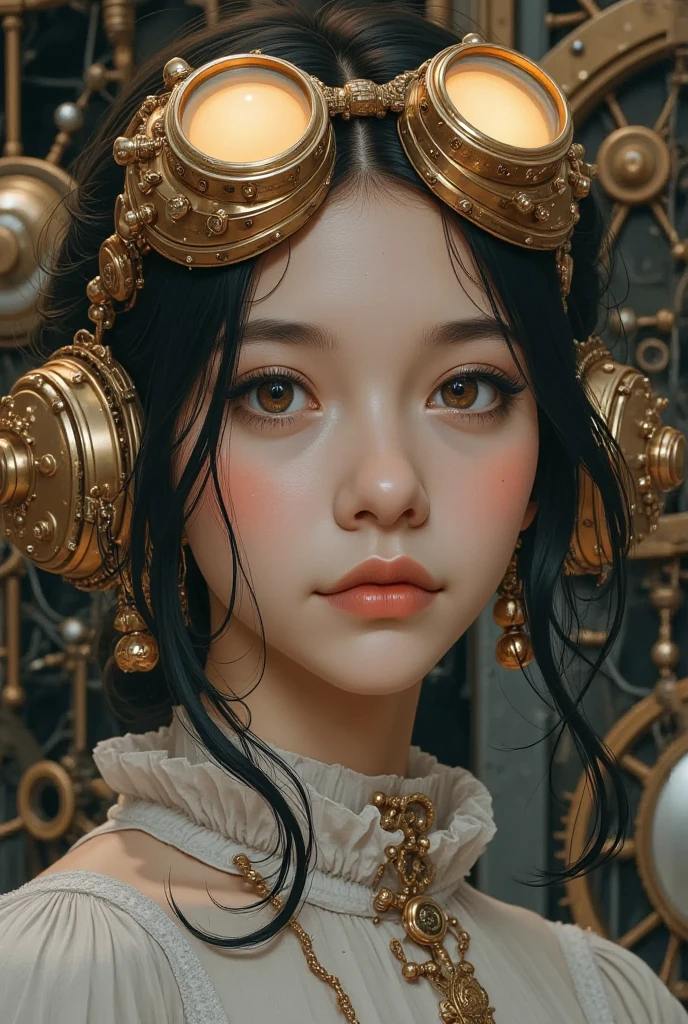 Woman in steampunk world, elegant clockwork gears, brass goggles ...
