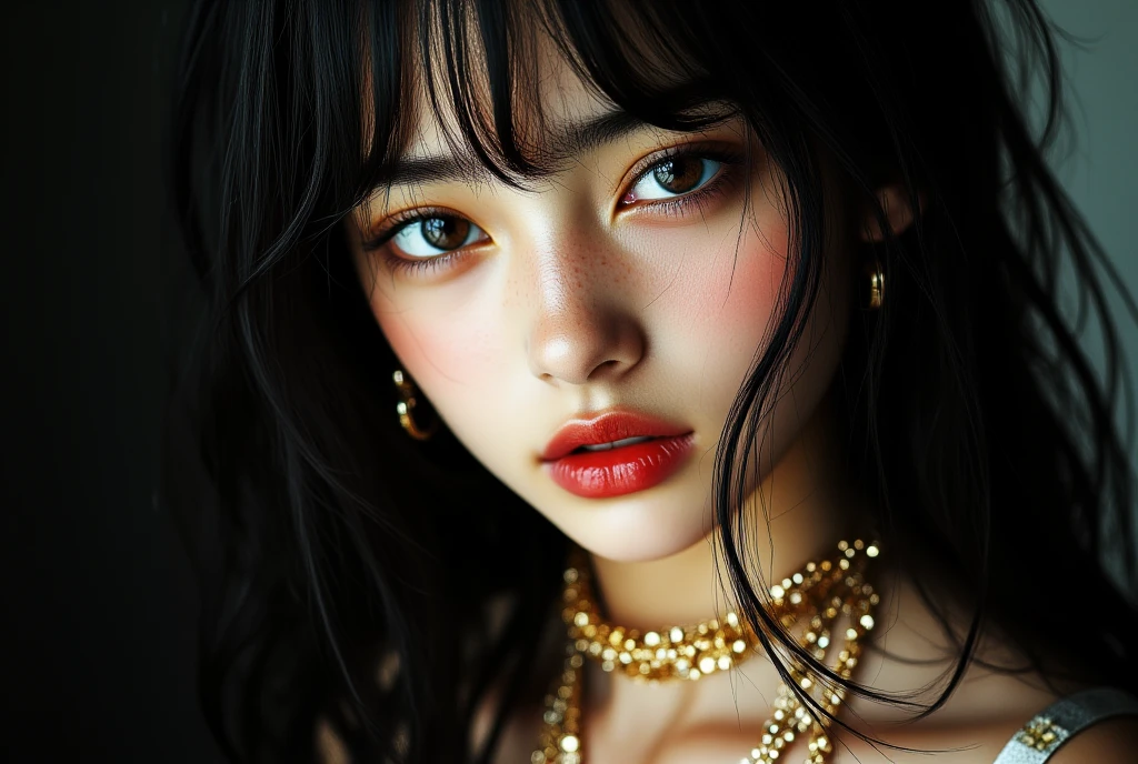 "Close-up of a sultry Japanese fashion model, deep red lips, wet ...