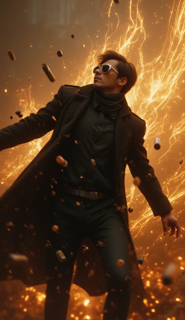 A man in overcoat and sunglasses dodging bullets by bending his body ...