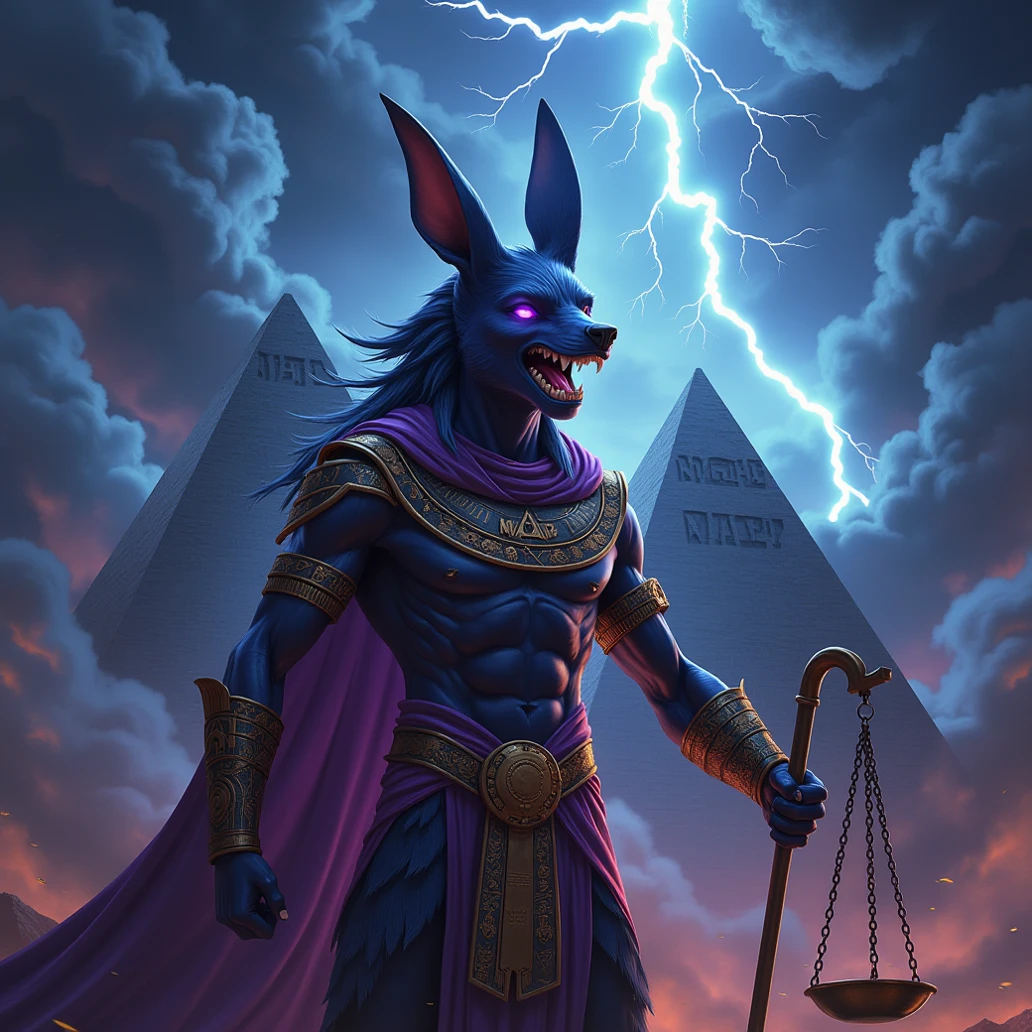 Anubis stands fiercely amidst a raging lightning storm, his powerful ...
