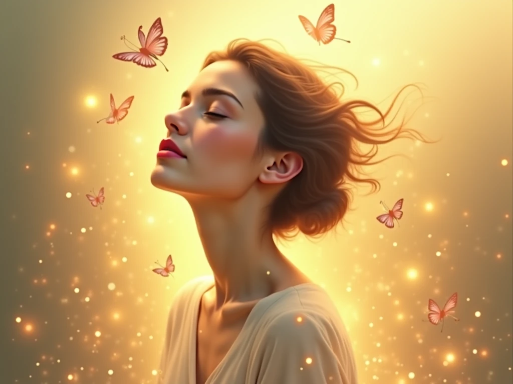 A peaceful woman with closed eyes and a slight smile, surrounded by ...