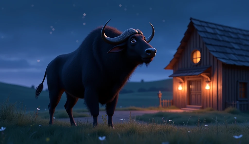 One night at the farm, A black buffalo from a Disney Pixar-style ...