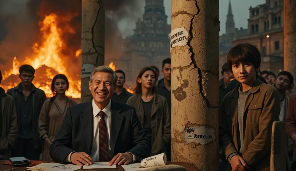 A dystopian political scene, with a rich, laughing politician in a dark ...