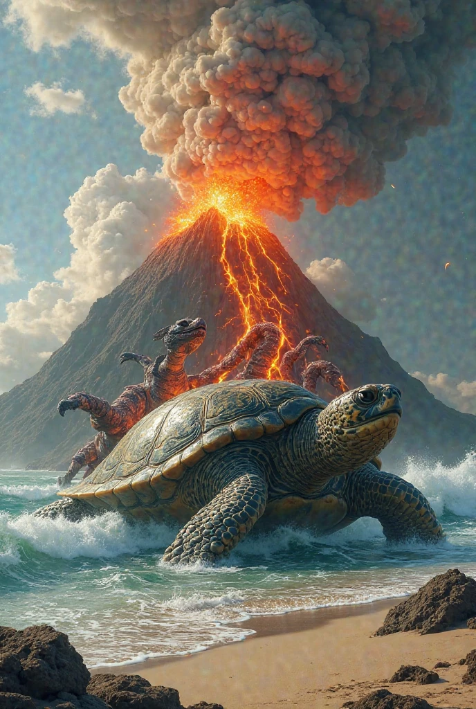Draw a sea turtle with a volcano on its back like a live-action - SeaArt AI