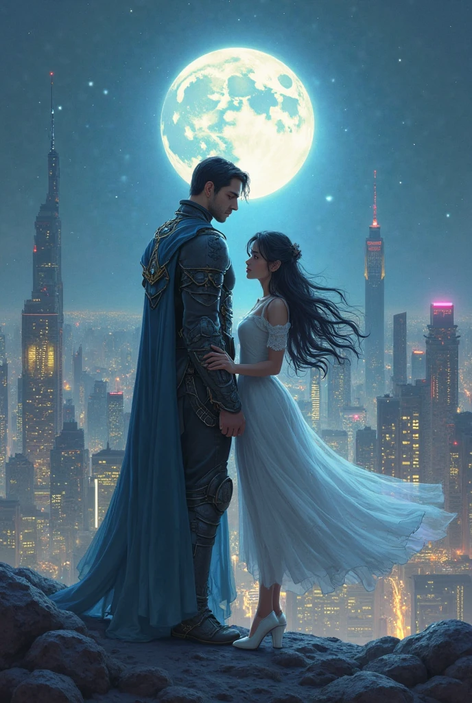 A hero and a girl under the moonlight with a modern city as a ...