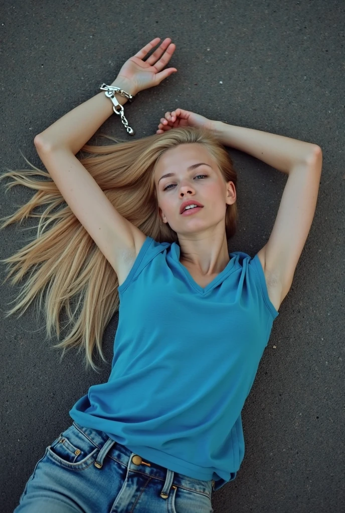 young dead albina girl with long straight hair lying down in a street ...