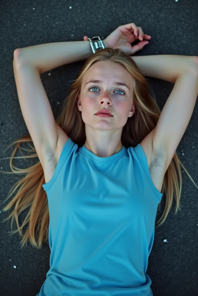 young dead albina girl with long straight hair lying down in a street ...