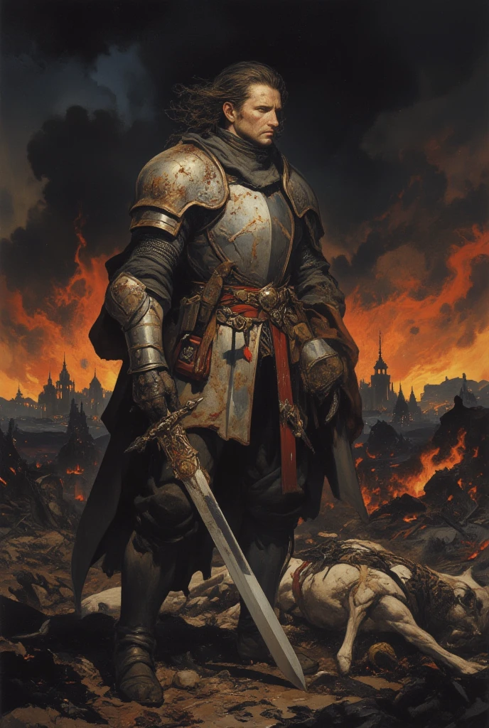 Dark and broody, a wounded knight stands upon a battlefied, holding a ...