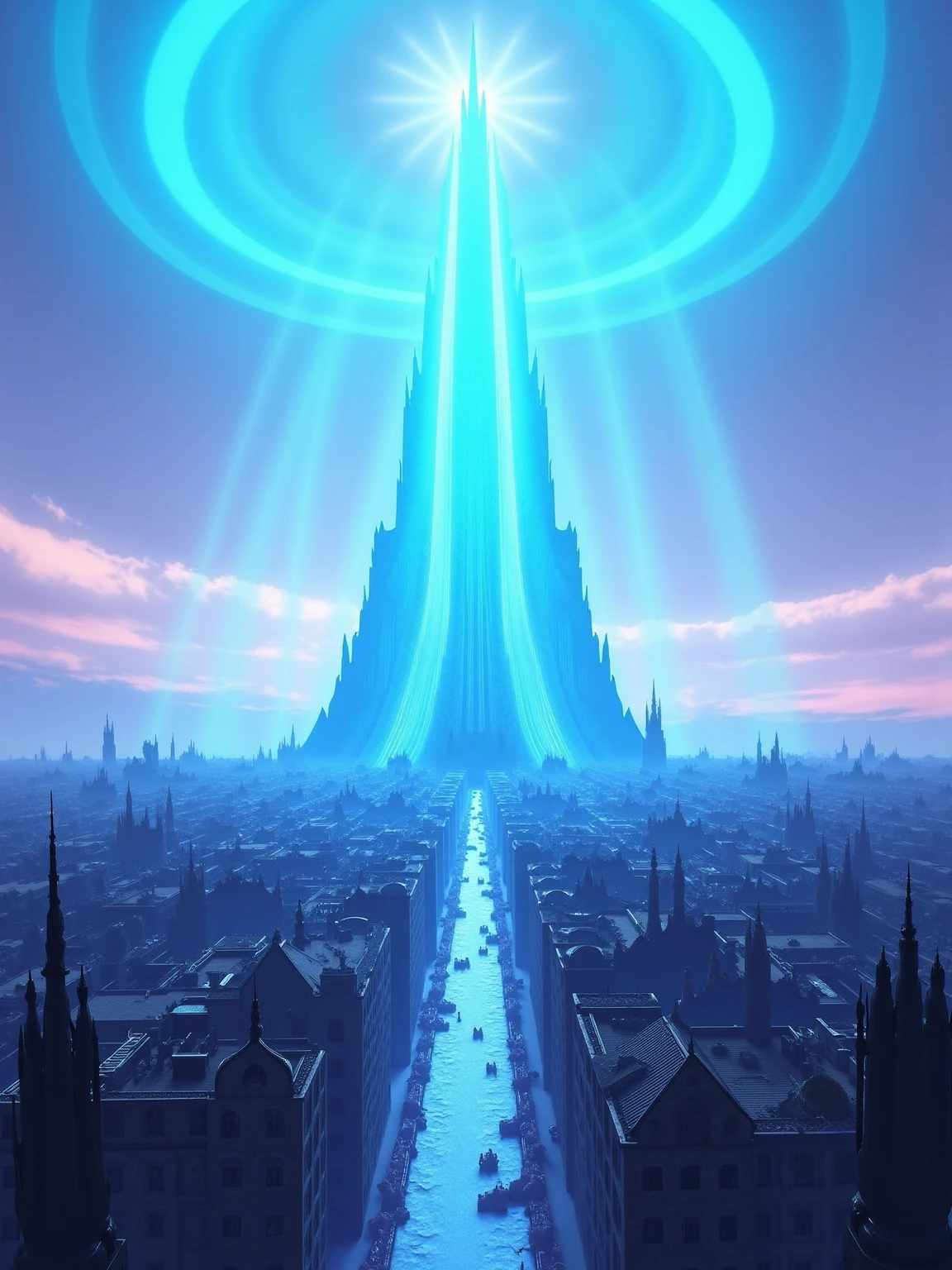 A vast, futuristic fantasy city stretching to the horizon, crowned by ...