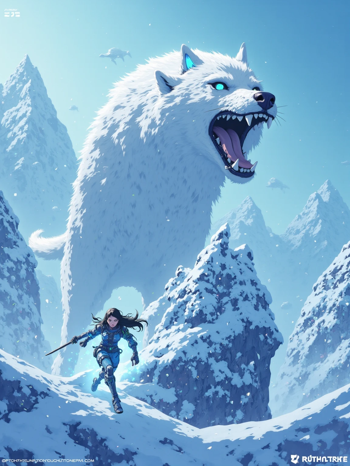 ((Giant white wolf with glowing blue eyes leaping across frozen cliffs ...