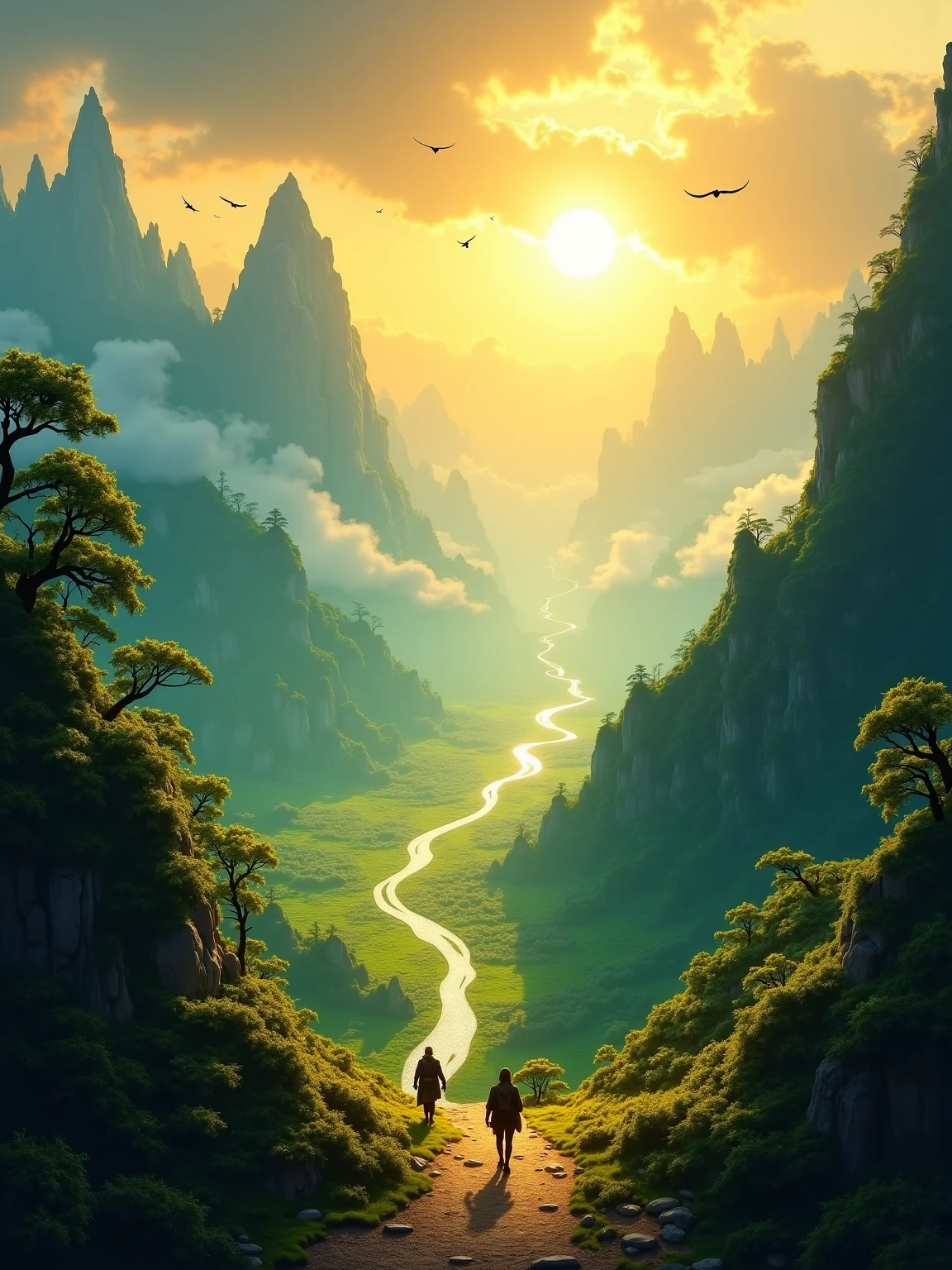 A vast and breathtaking fantasy landscape unfolds beneath a glowing ...