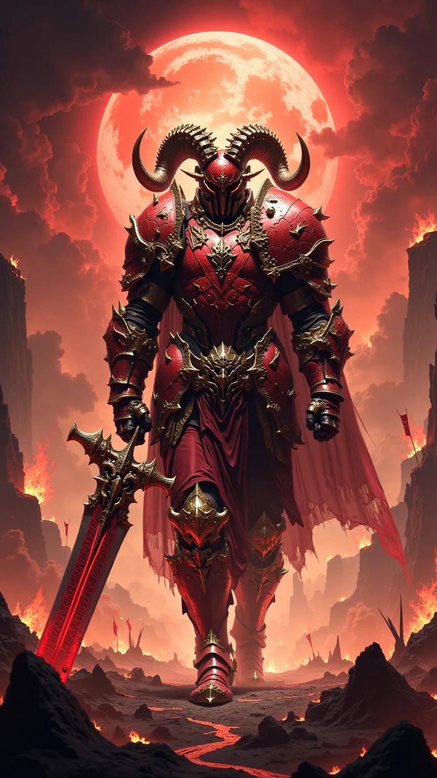 Aries Knight walking forward through a scorched battlefield under a ...