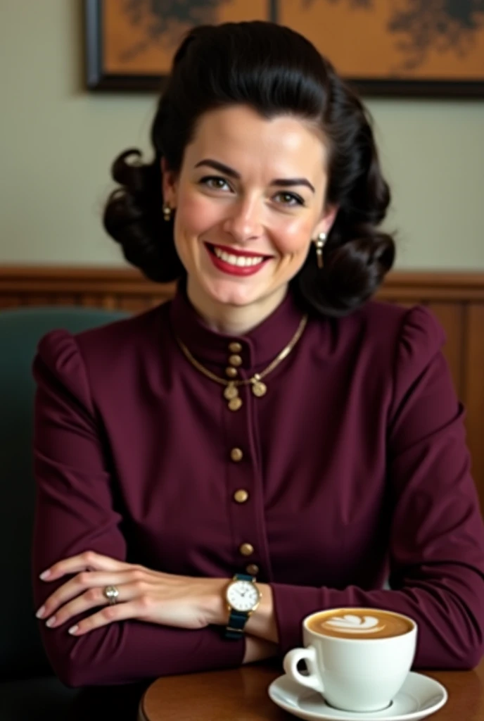 A graceful 1950s Christian woman sits elegantly in a cozy, softly lit ...