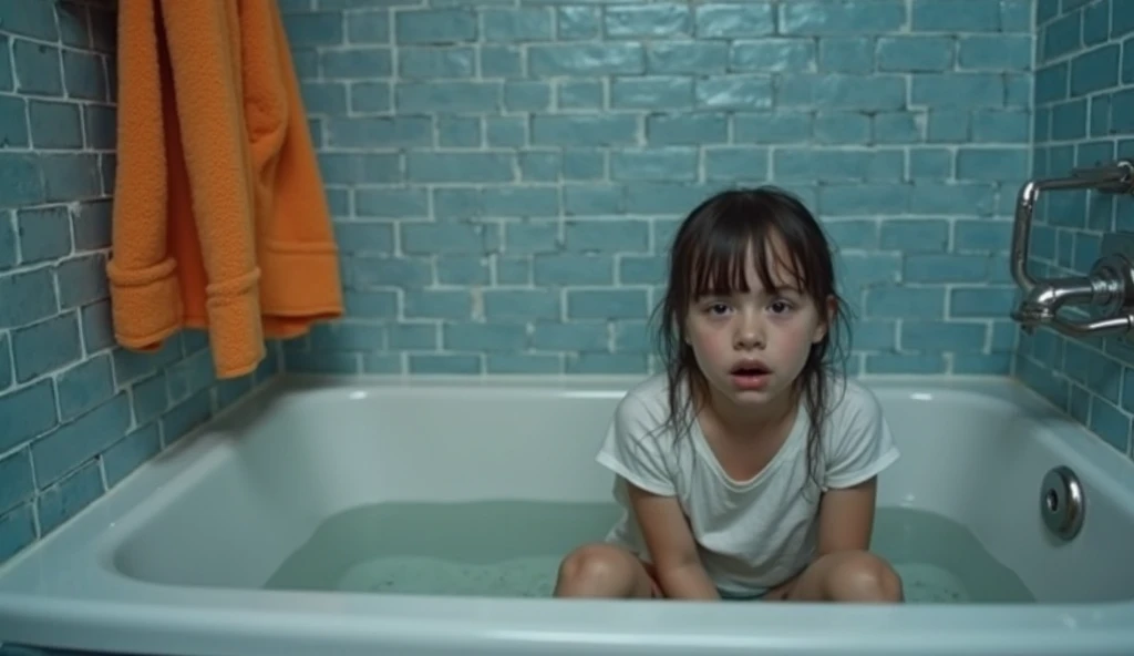 The girl in the picture sitting cowering in the bathtub, wearing a thin wet whit - SeaArt AI