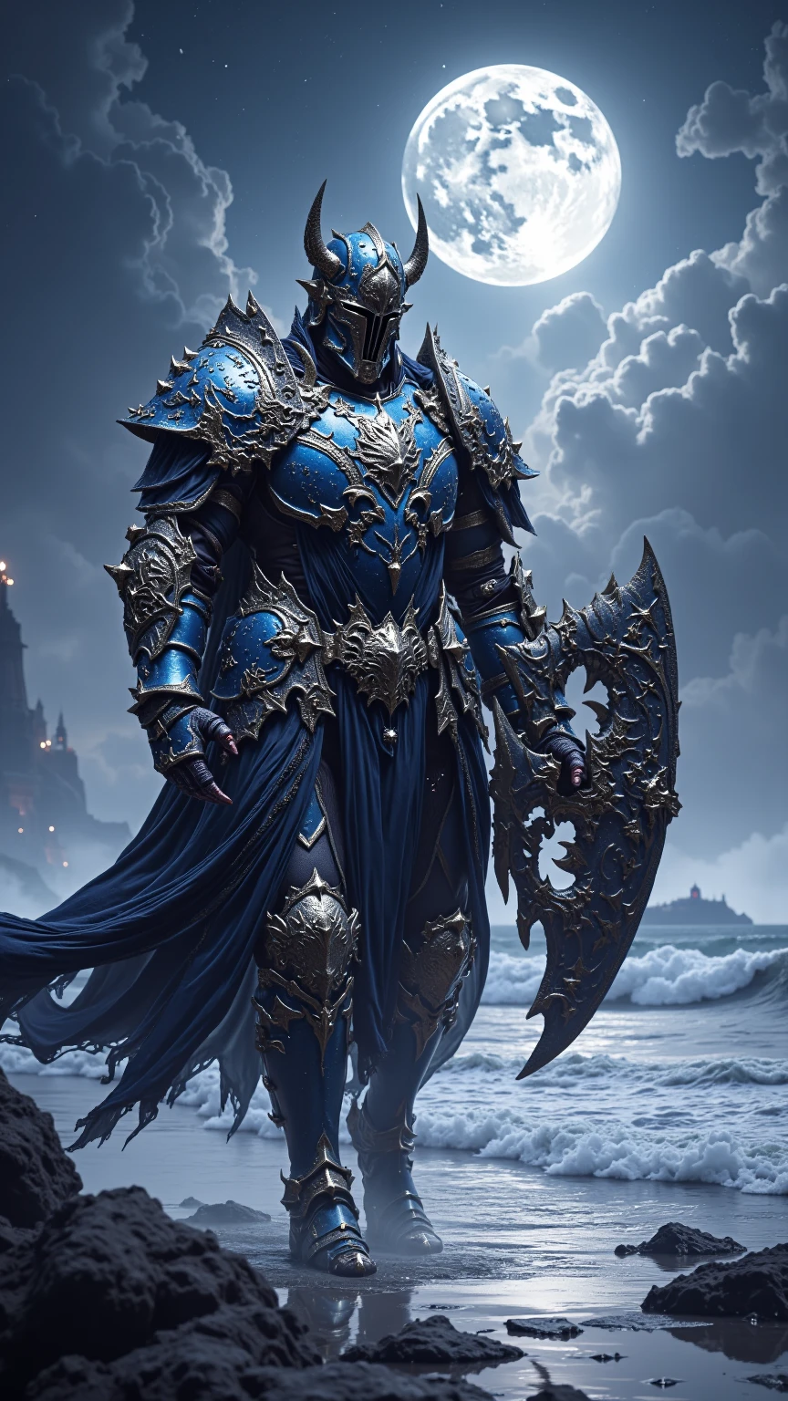 Cancer Knight walking along a moonlit shoreline during twilight - SeaArt AI