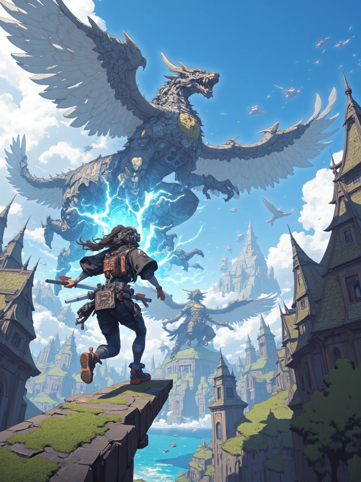 ((Gigantic winged beast soaring over floating islands)), ((Micro ...