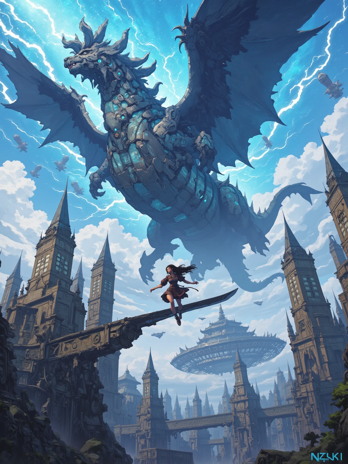 ((Gigantic winged beast soaring over floating islands)), ((Micro ...