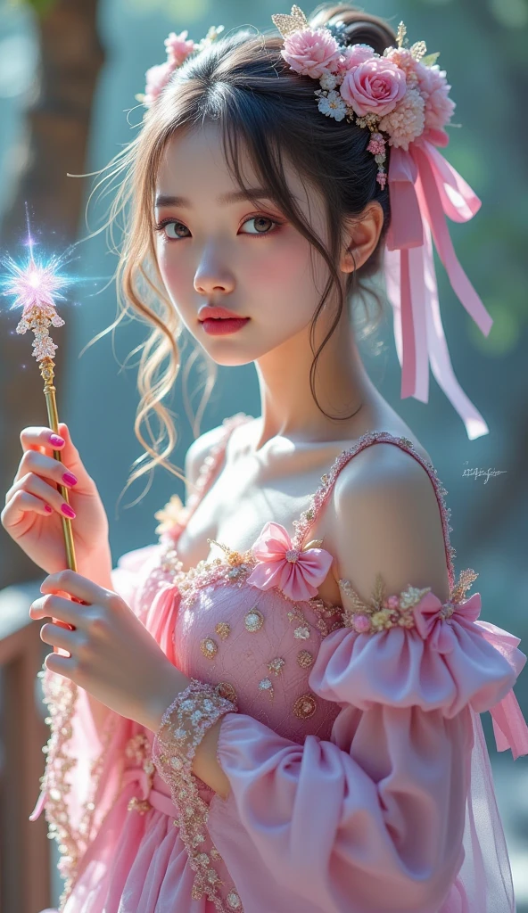 A photorealistic portrait of a magical fantasy girl, featuring a fancy ...