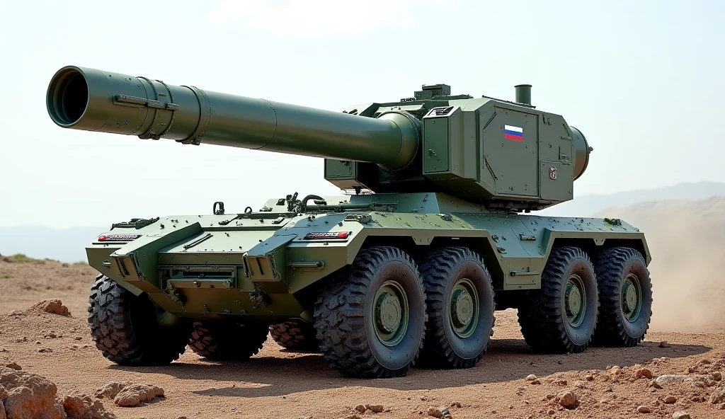 Highly detailed front view of a fictional futuristic Russian artillery ...