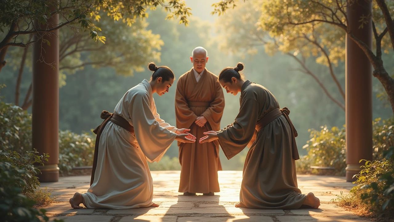 Two people bow to each other under the guidance of a monk, forming an ...