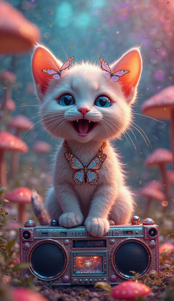 Cat wearing butterfly clips and tiny crop tops, vibing on mushrooms ...