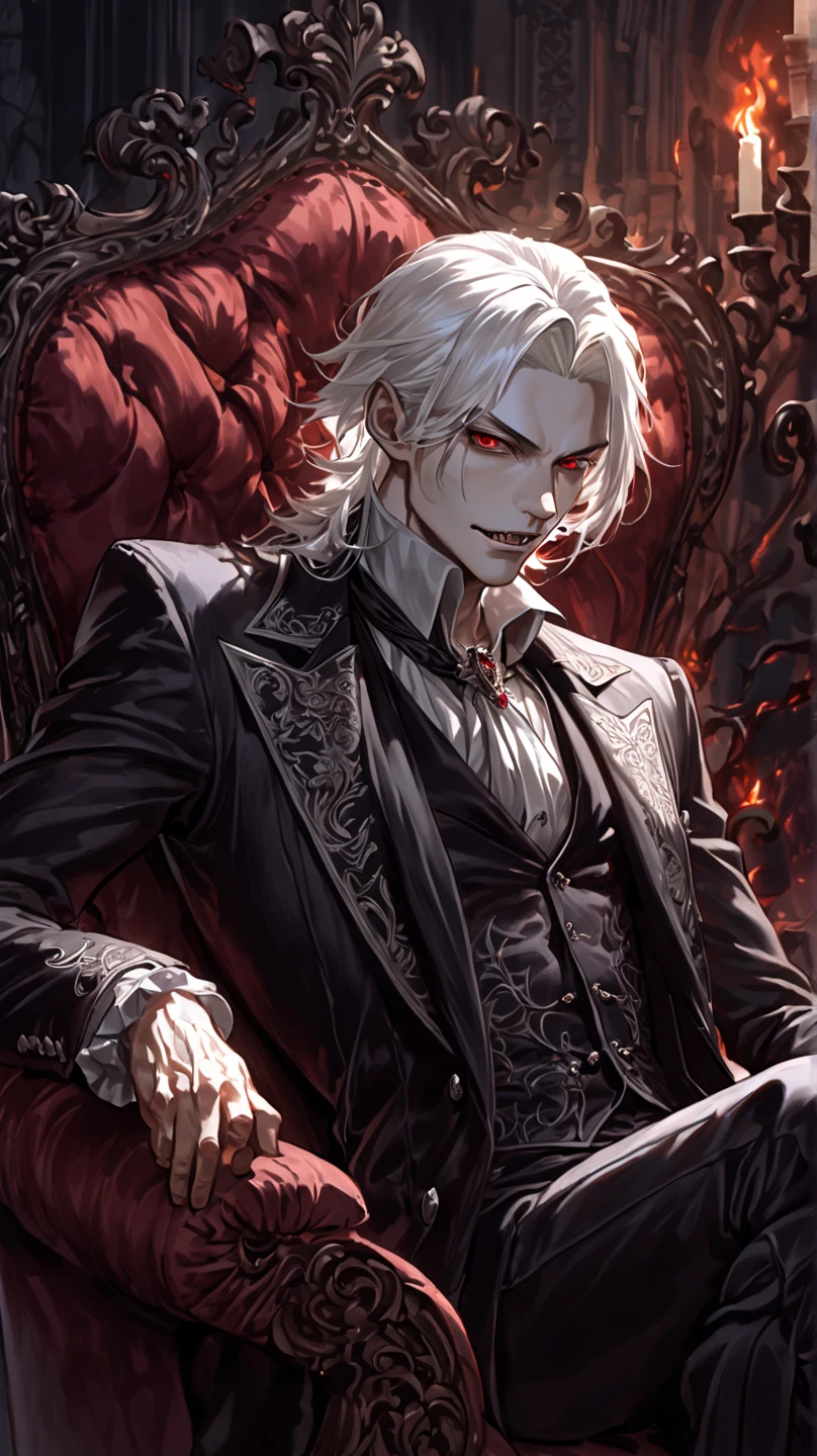 A strikingly beautiful vampire with long, flowing white hair that ...