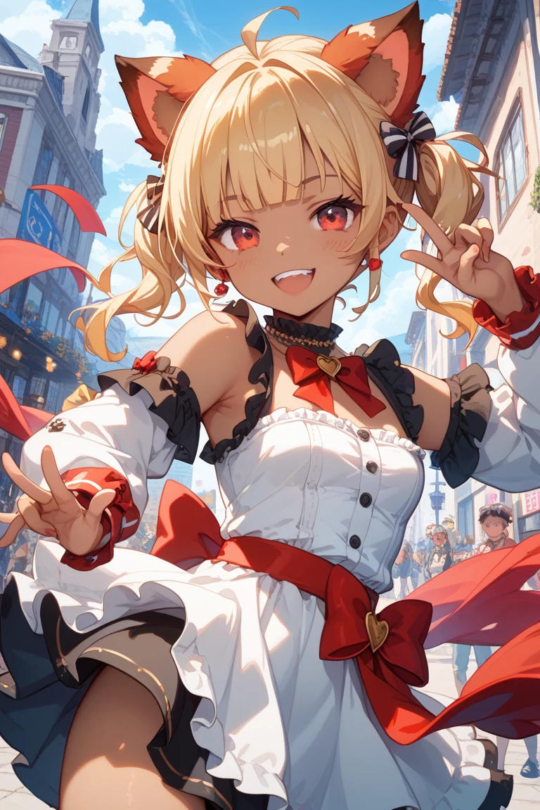 style**: brown skin、short twin tails with blond hair、red eyes - SeaArt AI