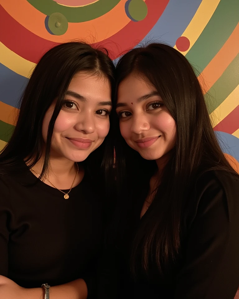 Photograph of two young women with South Asian features, posing closely ...