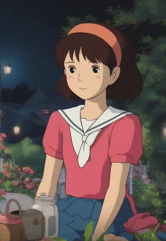 A cute girl in (shs:1.1) style, wearing a headband, sitting in the ...
