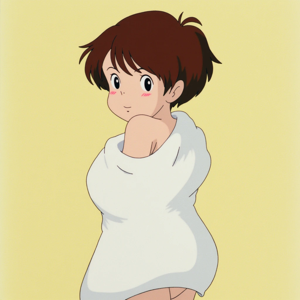 Anime Chibli 80s brown-haired woman with her back and hot ass in a ...