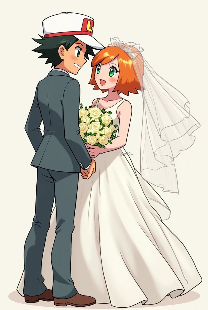 Draw Ash from Pokemon in a wedding suit ,wearing a white cap and Misty ...