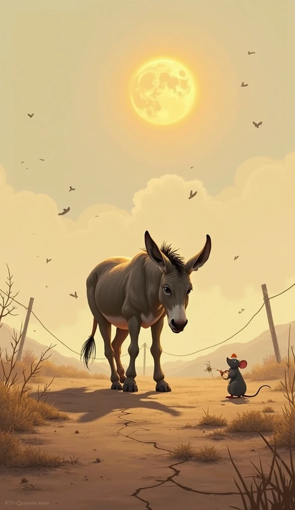 Prompt: "a tired donkey standing alone in a dry farm field, sun high in ...