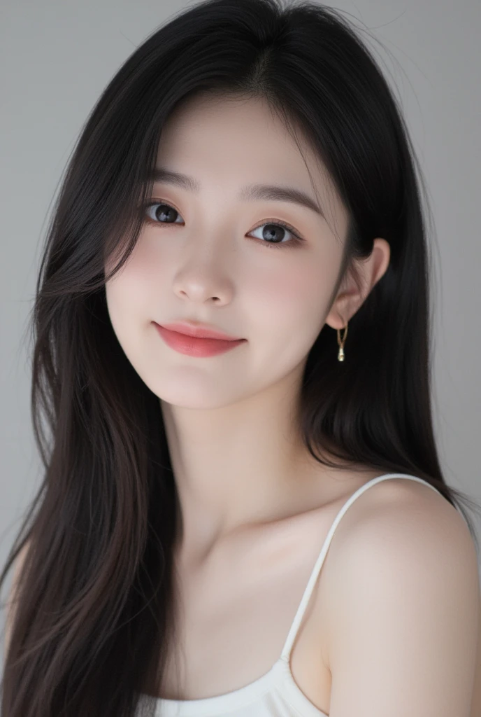 A beautiful Korean woman with delicate facial features, soft almond ...