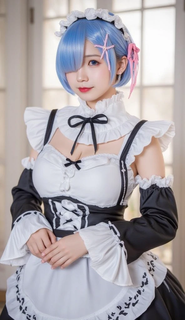 A beautiful Korean woman cosplaying as Rem from Re:Zero. She has short ...