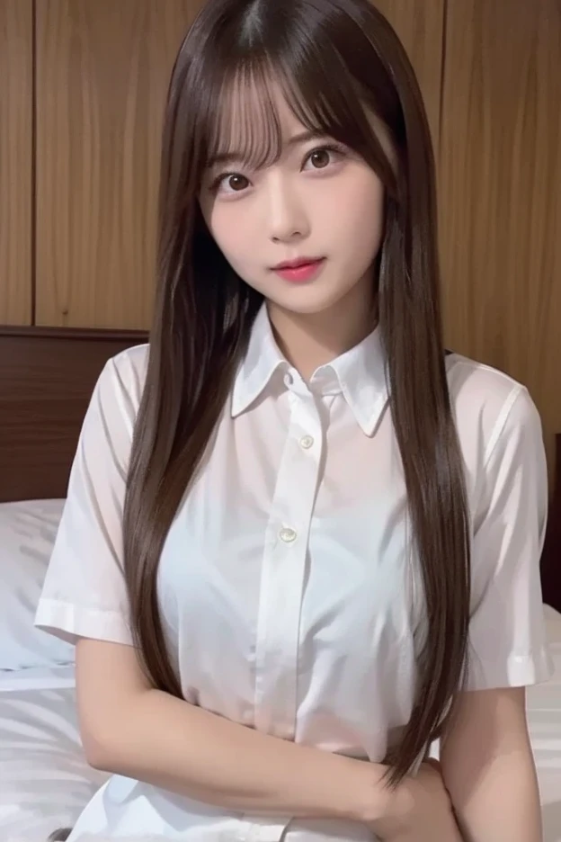 グラビアアイドルポーズ ホテル ベッド 制服 白いシャツ 高解像度 胸が小さすぎないこと 黒いミニスカート スカートを短くする 追加された 美しい髪 身長 159 cm セミロングの髪型をしています