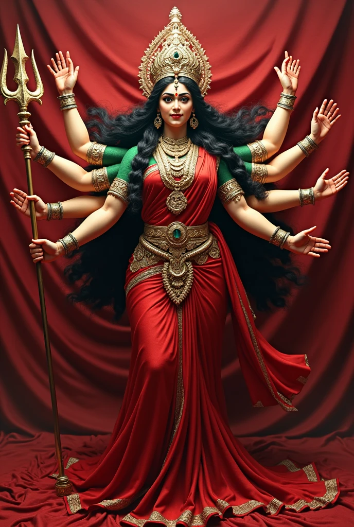 Goddess Durga 10 hand photo and red silk saree in trident hand - SeaArt AI