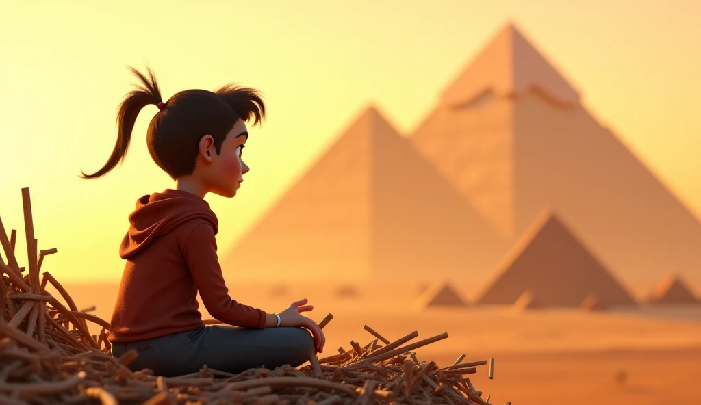 , .Sad ren helping adults with a construction in Egypt, with pyramids ...