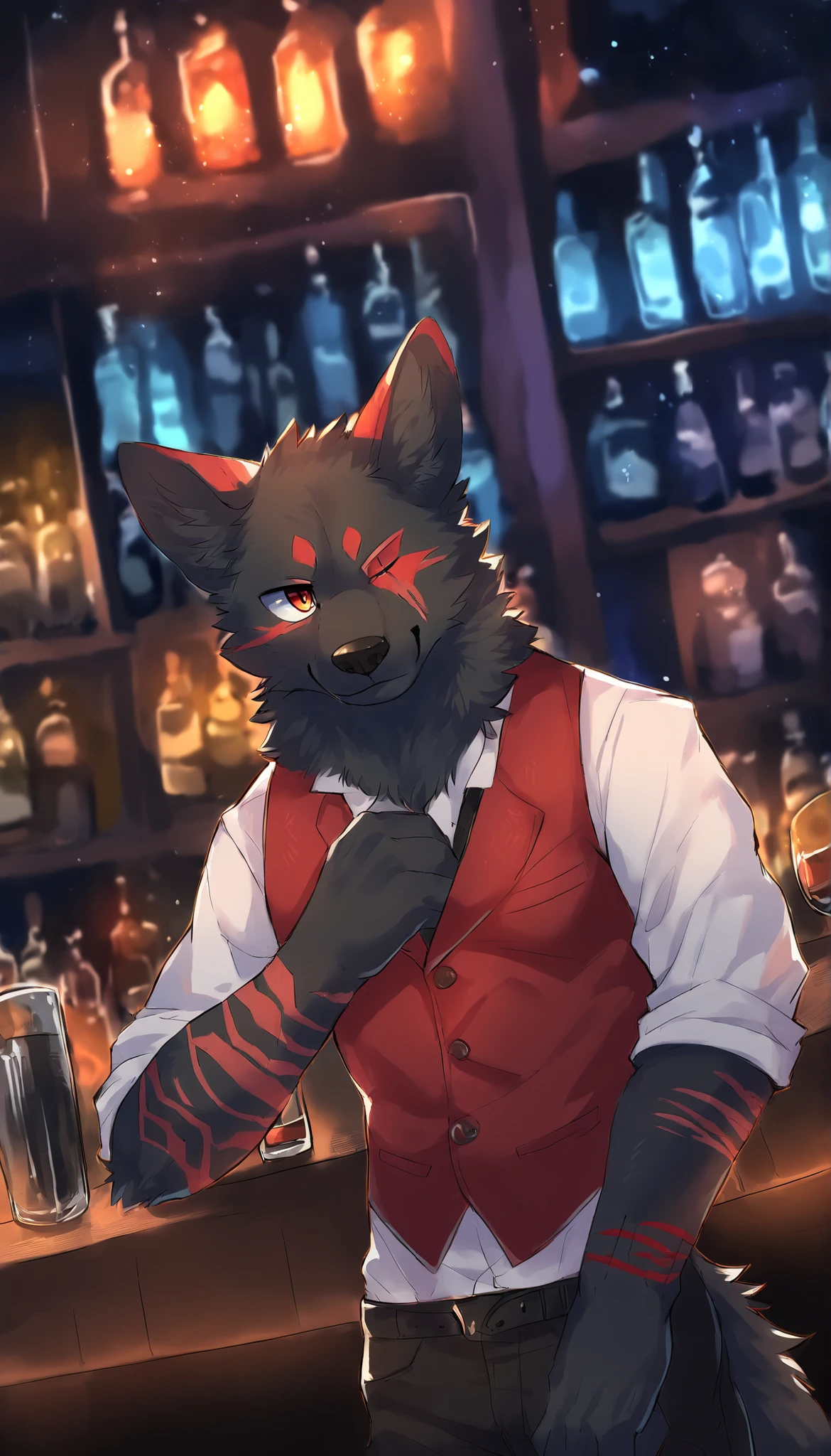 Black wolf, male, fit body type, cute, smirk, long sleeve, vest - SeaArt AI