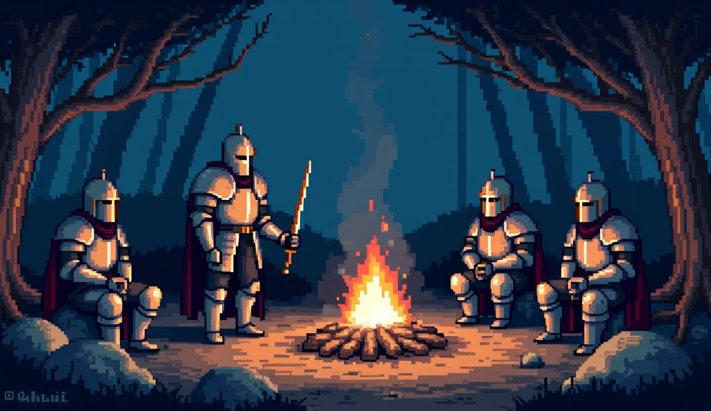 Main Subject: A lost knight stumbles upon a bonfire, its flames pale ...