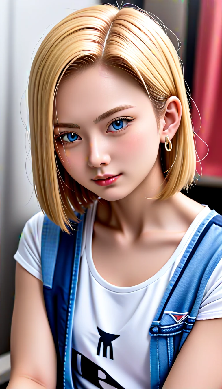 (bob-cut hair, parted bangs:2), (blonde hair, blue eyes, earrings ...